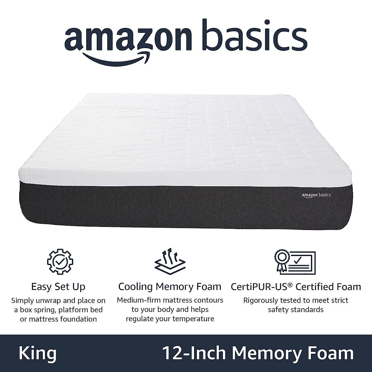 Amazon Basics Gel Memory Foam Mattress, Firm, Cooling, King Size Mattress, CertiPUR-US® Certified Foam, 80 x 76 x 12 inches, White/Dark Gray