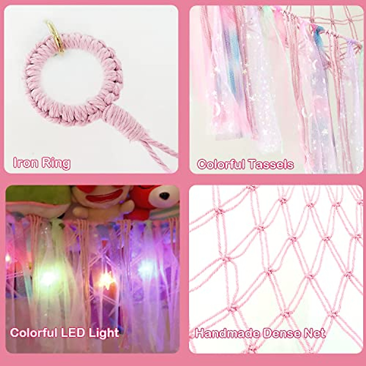 Stuffed Animal Net or Hammock with LED Light, Toy Hammock Hanging Stuffed Animal Storage Organizer Holder Boho Decor for Nursery Playroom Bedroom Kids Room Storage (Pink)