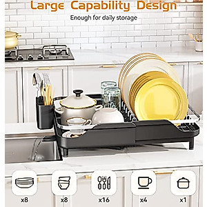 PXRACK Dish Drying Rack, Expandable(11.5"-19.3") Dish Rack for Kitchen Counter, Dish Rack and Drainboard Set, Dish Drainer with Utensil Holder for Kitchen Sink, Black