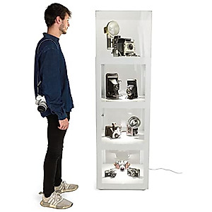 Displays2go 68" Modern Illuminated Curio Cabinet, Locking Door and Dust Cover - Gloss White (DCISDWH)