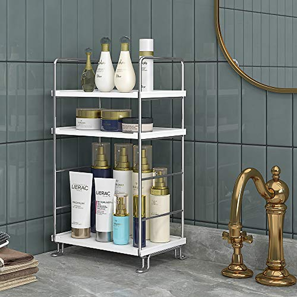 3-Tier Bathroom Countertop Storage Organizer Cosmetic Makeup Vanity Tray Kitchen Spice Rack Standing Shelf, Silver