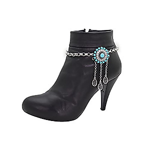 Women Western Fashion Jewelry Boot Bracelet Silver Metal Chain Shoe Anklet Turquoise Blue Beads Flower