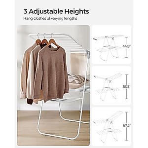 SONGMICS Clothes Drying Rack, Foldable 2-Level Laundry Drying Rack, Free-Standing Large Drying Rack, with Height-Adjustable Wings, 33 Drying Rails, Sock Clips, White and Gray ULLR053G01