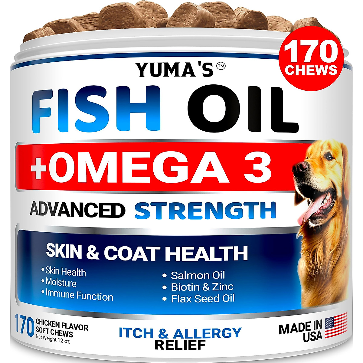 Omega 3 Fish Oil for Dogs - 170 Chews - Skin and Coat Supplement - Omega 3 for Dogs - Dry & Itchy Skin Relief Treatment - Allergy Support Dog Anti Shedding Treats - Salmon - EPA & DHA - Chicken Flavor