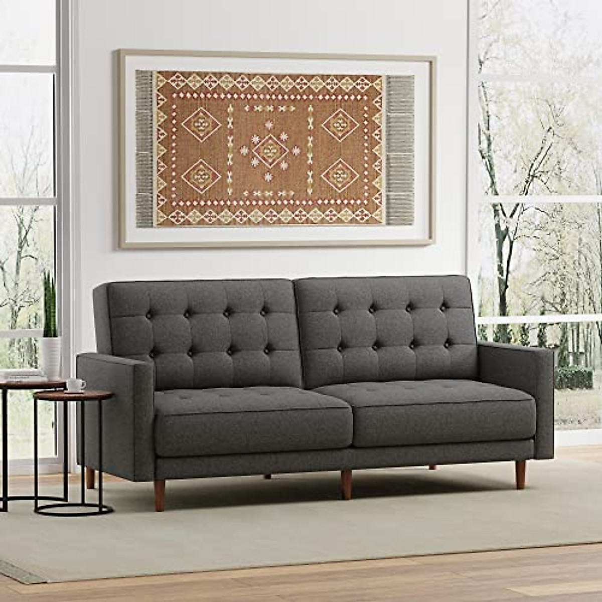 Glenwillow Home 81.5" Mies Square Arm Sleeper Sofa with 32-Button Tufting in MCM Vintage Design in Dark Grey