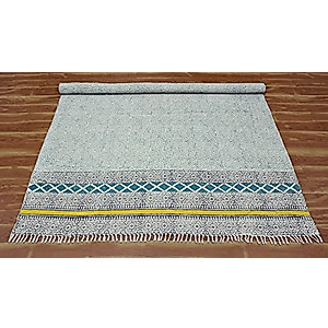 Casavani Hand Block Printed Cotton Dhurrie Geometric Blue & Black Area Rug Doormat Floor Rug Indoor Area Rugs for Bedroom Living Room Laundry Room 6x12 Feet Runner