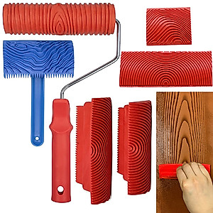 Wood Graining Tool Set, 6pcs 7" Fake Wood Grain Roller Painting Tool with Handle DIY Rubber Graining Tool Paint Look Like Wood for Wall Room Art Paint Decoration