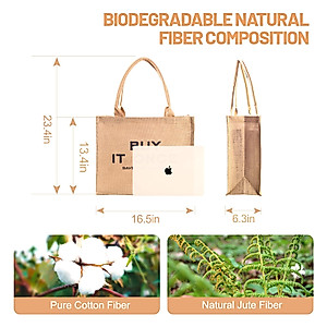 BUY IT ONCE Burlap Shoulder Tote Bag for Women, Jute Travel Tote Bags for Beach or Grocery Shopping, Large Laptop Work Bag with Top Zipper and Artistic Canvas Design