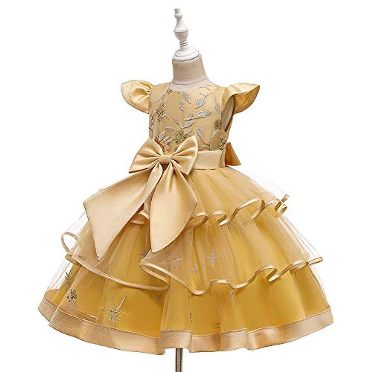 HIHCBF Baby Girls Bowknot Flower Dresses Embroidery Tulle Pageant Party Wedding Princess Birthday Ruffled Tutu Ball Gowns Yellow 4-5T