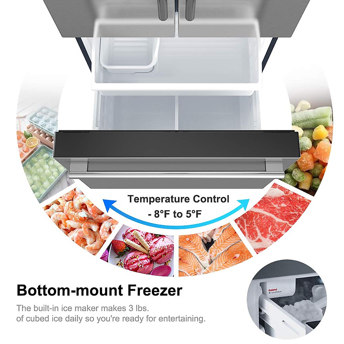 Galanz GLR16FS2K16 3 French Door Refrigerator with Bottom Freezer & Installed Ice Maker, 16 cu ft, Stainless Steel