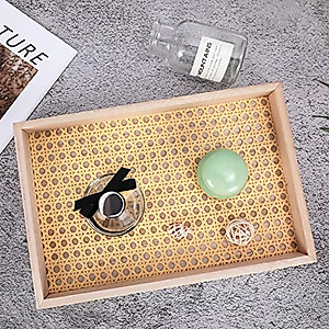 15 x 10 in Rectangle Decorative Tray with Imitated Rattan Handmade, Ottoman Tray, Boho Serving Tray, Basket Serving Tray with Wooden Frame for Coffee, Breakfast, Food, Drink
