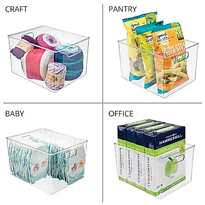 mDesign Large Modern Stackable Plastic Storage Organizer Bin Basket with Handle for Playroom and Toy Organization, Shelf, Cubby, Cabinet, and Closet Organizing Decor, Ligne Collection - 4 Pack - Clear