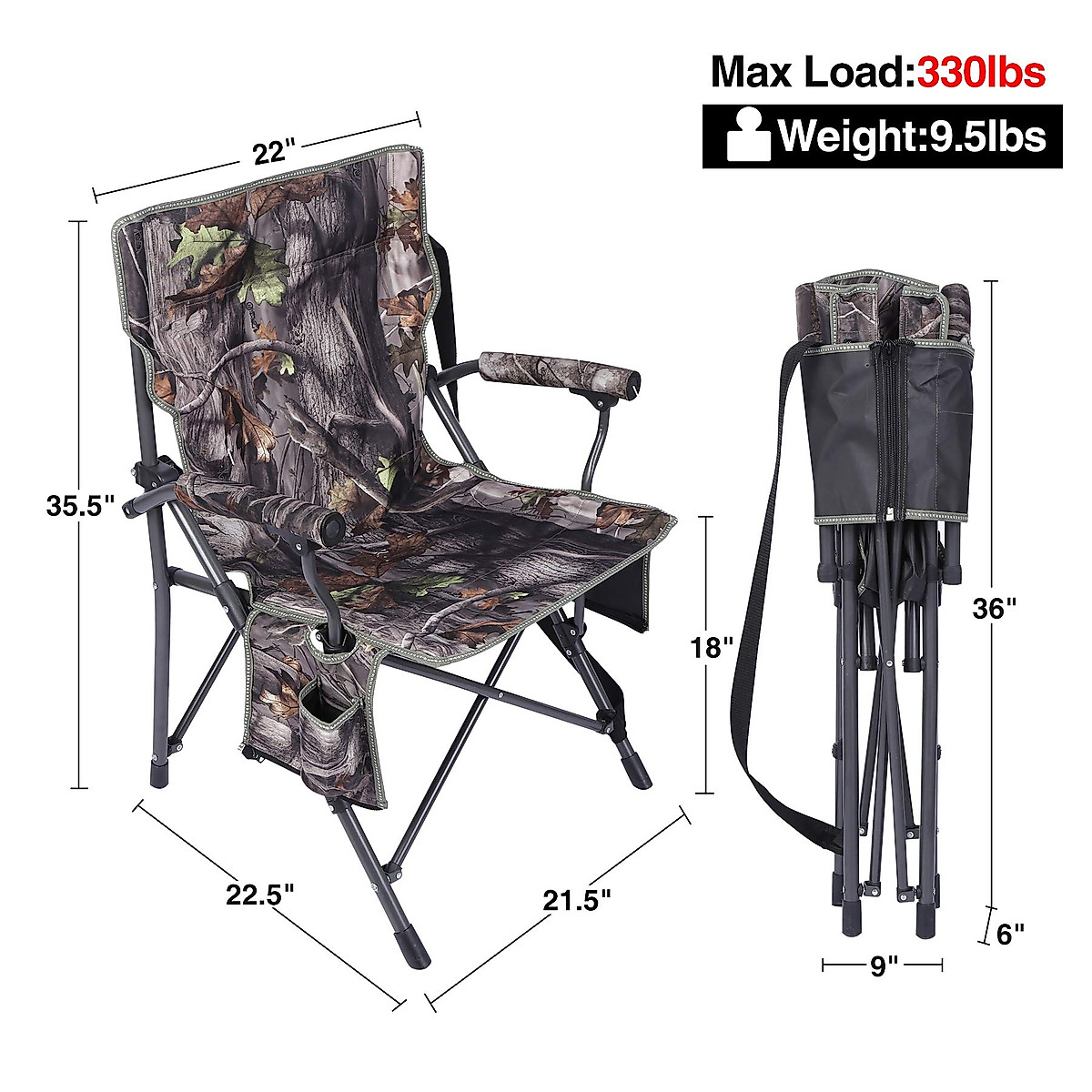 REDCAMP Oversized Hunting Chairs for Blinds, Portable Camping Chairs for Adults Heavy Duty, Hard Arms Folding Chairs for Outside Outdoor with Carry Bag, Camouflage