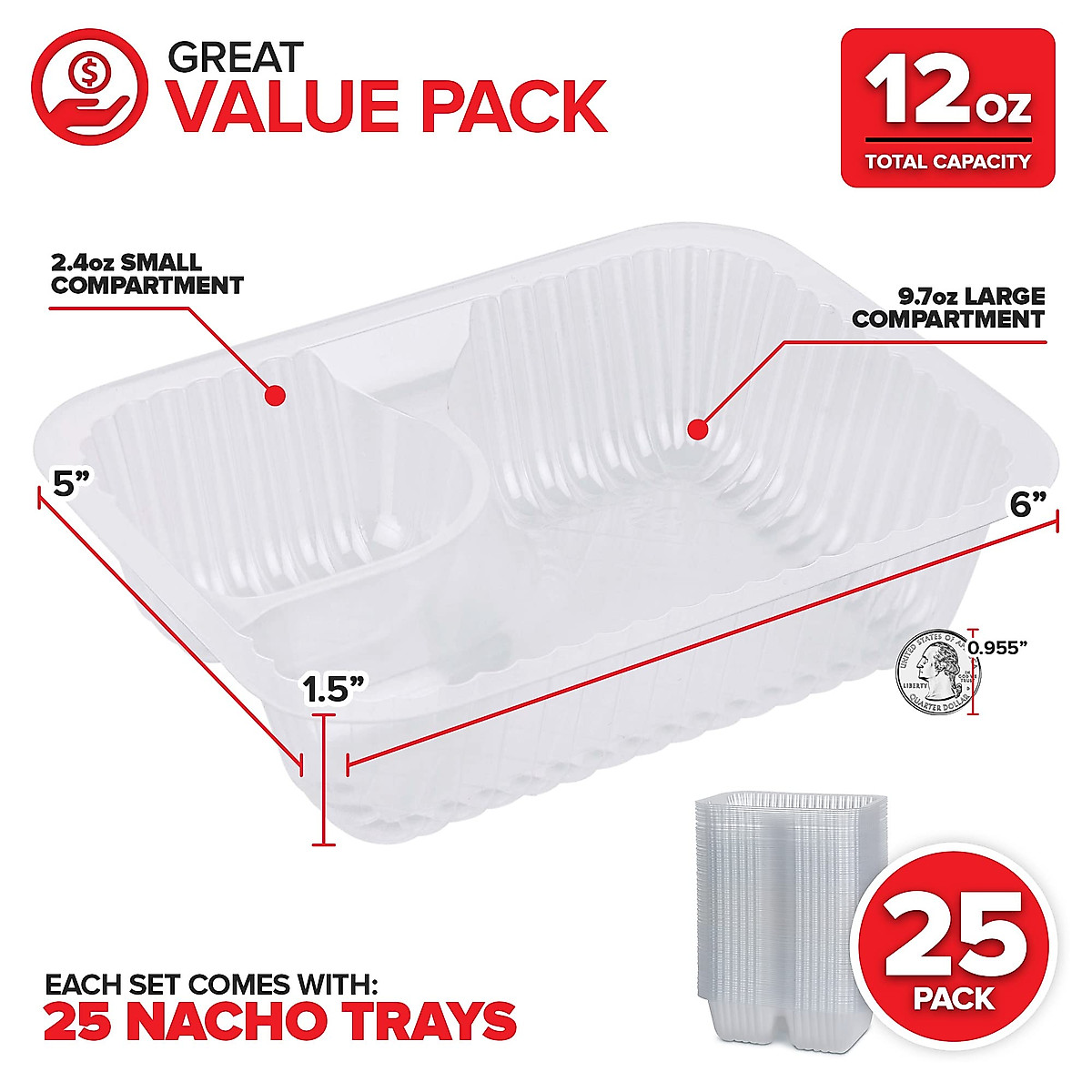 12oz Plastic Nacho Trays (25 Pack) Small Disposable Tray for Nachos & Cheese Dip, Concession Stand Supplies, Movie Night Snacks for Kids, Carnival Party Decorations, Food Boats, Snack Containers…