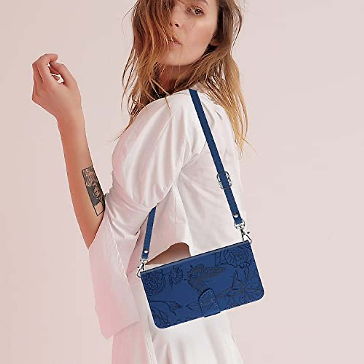 ONV Samsung Galaxy Note 10 Plus Flip Case - 1.5m Crossbody Lanyard Flip Wallet Case Magnetic Card Slot Foldable Embossed Butterfly Leather Case for Samsung Galaxy Note 10 Plus [Flower] - Blue