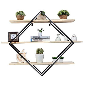 QUUL Simple Solid Wood Wall Hanging Shelf, Three Tier Floating Wall Hanging Decorative Iron Solid Wood Storage Display Stand
