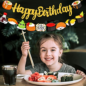 Sushi Happy Birthday Party Banners 2Pcs Glitter Sushi Garland Banners Let's Roll Sushi Party Cutout Banners Japanese Sushi Party Decorations for Sushi Theme Baby Shower Supplies