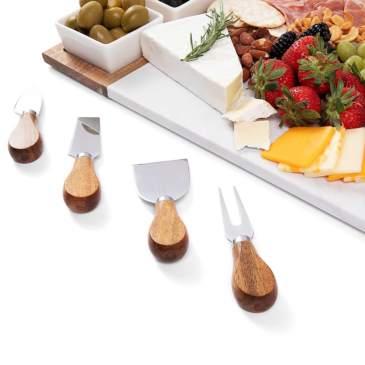 Acacia Wood and Marble Charcuterie Board Set - 11 Piece Cheese Board Serving Platter - Includes Knives, Bowls, Spoons - Gift Appetizer Board with Accessories - Housewarming and Holiday Unique Gift