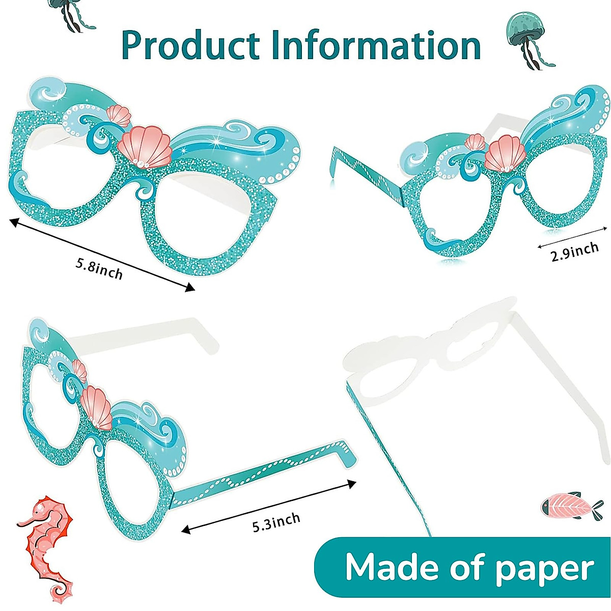 Tenare Mermaid Party Decorations Paper Mermaid Themed Paper Eyeglasses Summer Beach Paper Photo Booth Props(Cute Style, 24 Pieces)