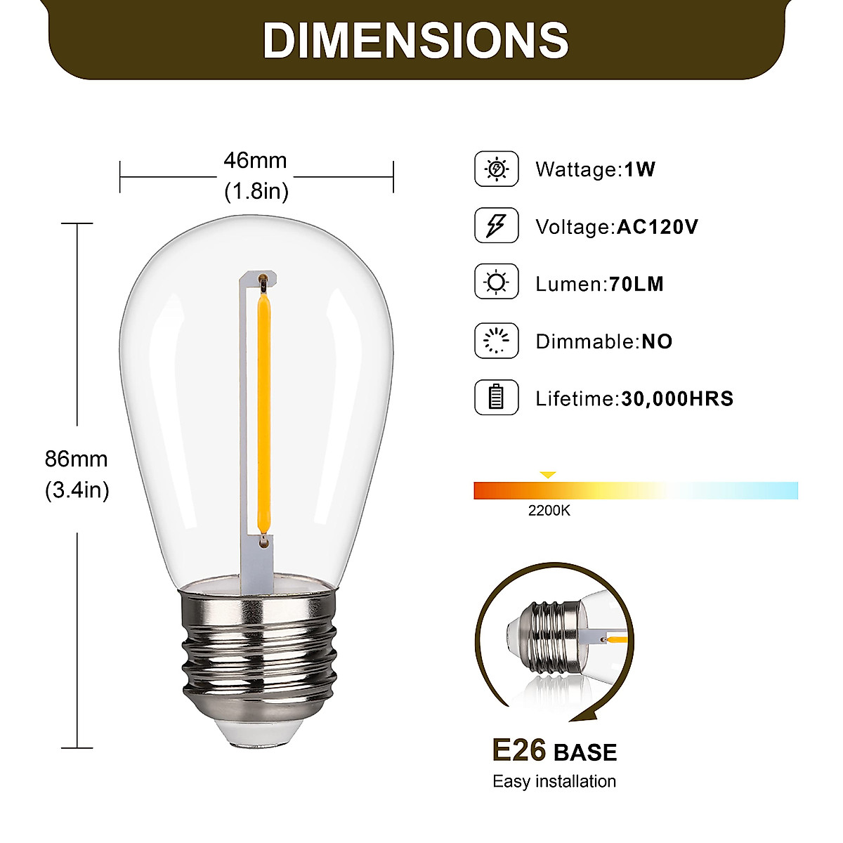 YIMILITE S14 Outdoor String Light Bulbs, Shatterproof Replacement Bulbs, 1W Equivalent to 10W, Waterproof 2200K Warm White Led Light Bulbs, E26 Base 25 Pack