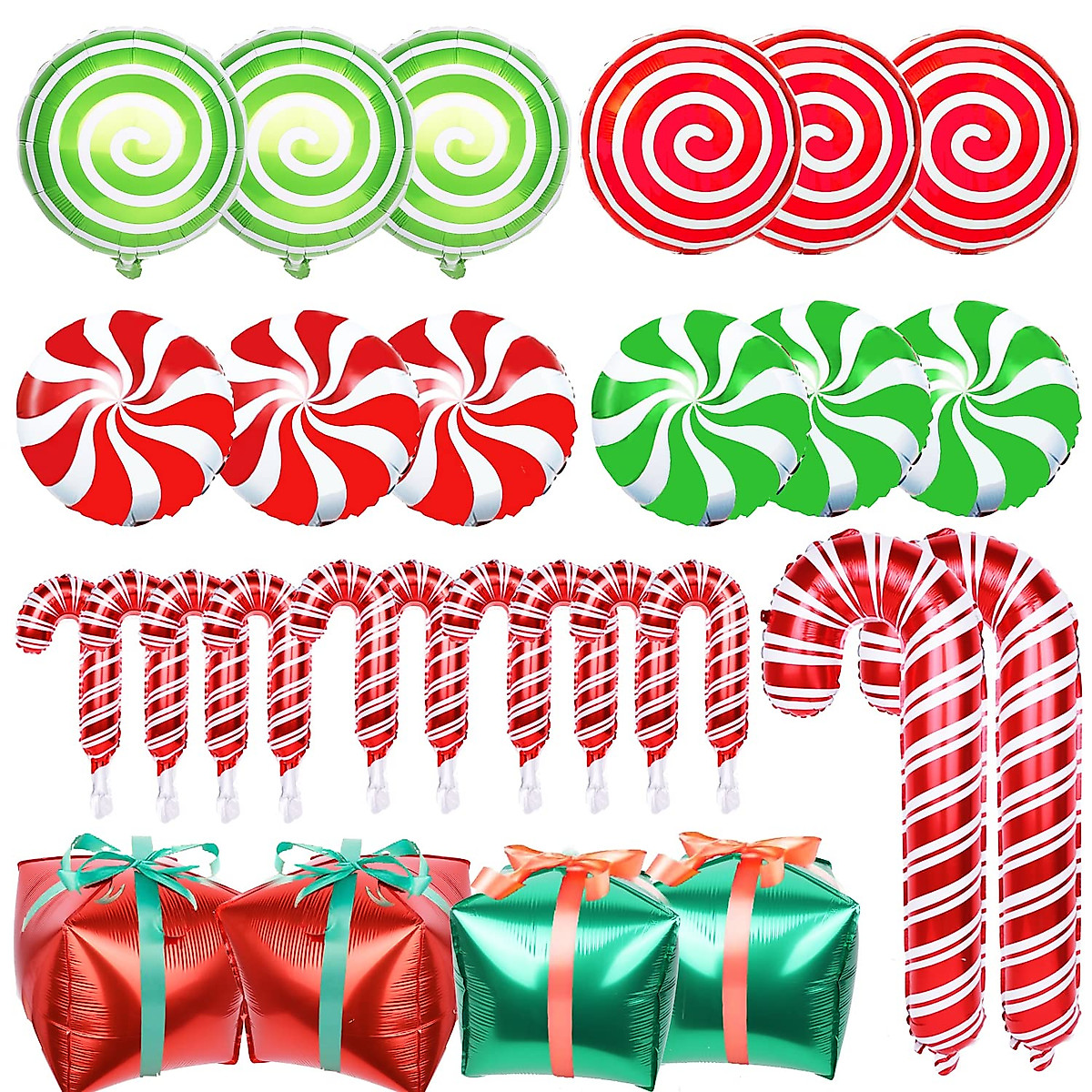 YUJUN 30Pcs Christmas Balloons Decoration Set, Candy Cane Gift Box Mylar Foil Balloons for Christmas New Year Candies Xmas Theme Party Decorations