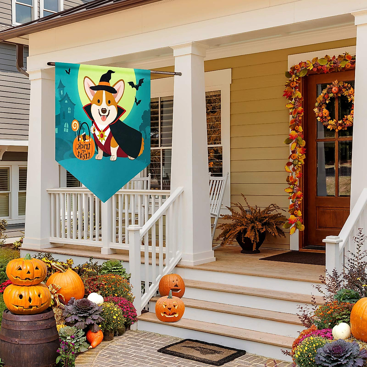 Oarencol Halloween Corgi Dog Witch with Cauldron Candy Garden Flag Trick or Treat Moon Bat Double Sided Home Yard Decor Banner Outdoor 12.5 x 18 Inch