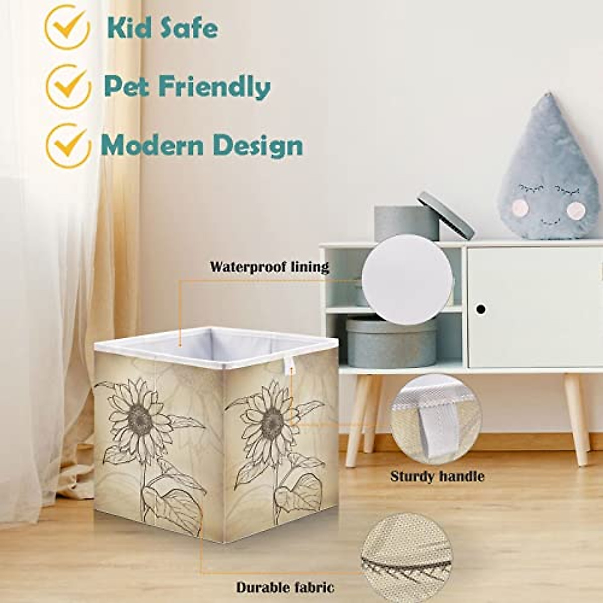 visesunny Closet Baskets Vintage Sunflower Sketch Storage Bins Fabric Baskets for Organizing Shelves Foldable Storage Cube Bins for Clothes, Toys, Baby Toiletry, Office Supply