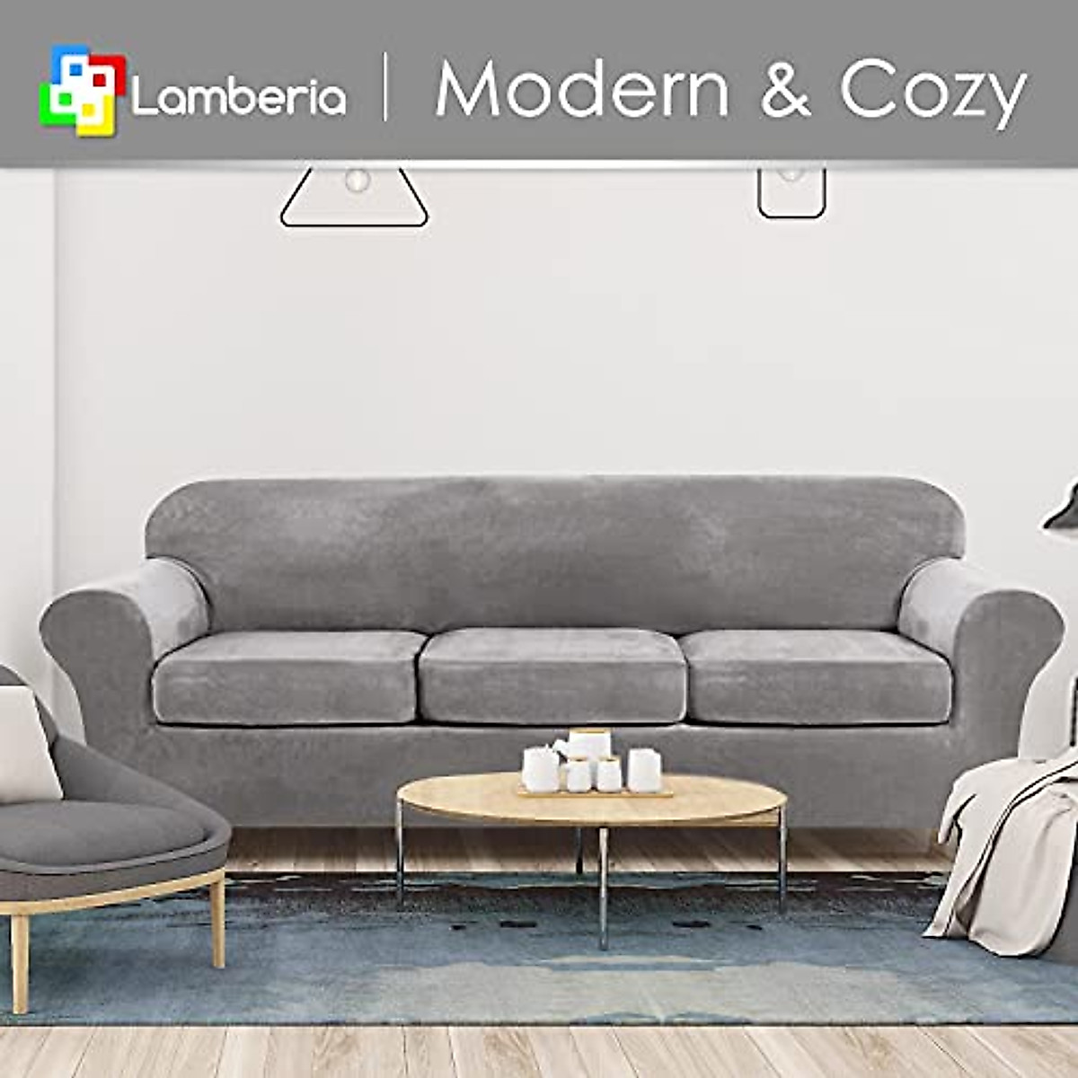 Lamberia High Stretch Sofa Cover for 3 Cushion Couch 4 Pieces Thick &Washable Plush Velvet Sofa Slipcover Couch Cover Furniture Protector for Dogs,Pets&Kids(Sofa-L,Silvergray)