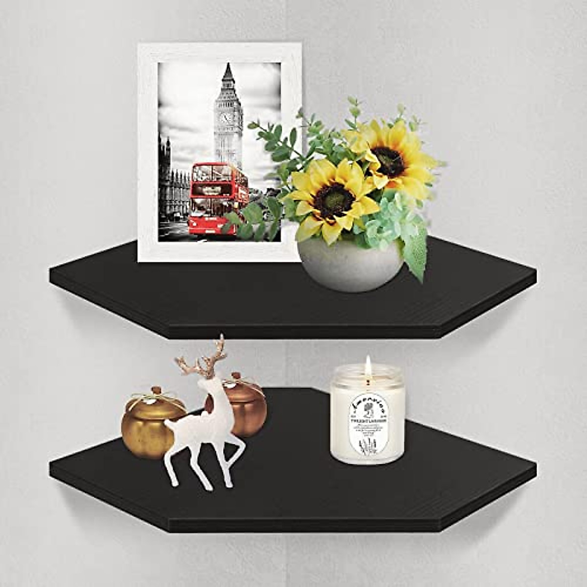 Homode Corner Shelf Wall Mount, Set of 2 Corner Floating Shelves with Wire Hole for TV, Cable Box, Wood Hanging Storage Shelf Organizer for Bathroom Kitchen Living Room Bedroom, Black