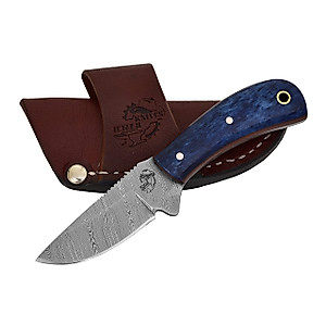 Knives Ranch Handmade Damascus Steel Full Tang 5-1/2" Cowboy Style Dandy Knife with Blue Dyed Cattle Bone Handle and Horizontal Carrying Crossdraw Sheath Snug Fit (2006-BLU)