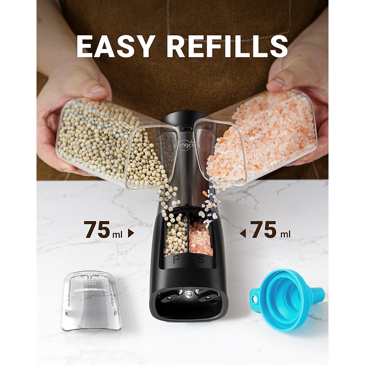 USB Rechargeable 2 in 1 Electric Salt and Pepper Grinder Set Shaker & 800W Blender for Shakes and Smoothies with 57 Oz Glass Jar & 10 Oz Grinding Cup