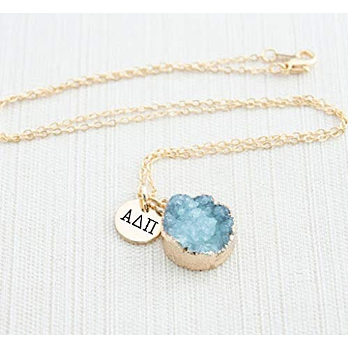 Sorority Shop ADP Necklace - Alpha Delta Pi Blue Druzy Gemstone Necklace With Engraved Pendant – 14K Gold Dipped Jewelry with Blue Gemstone – Sorority Gift, Charm Paraphernalia