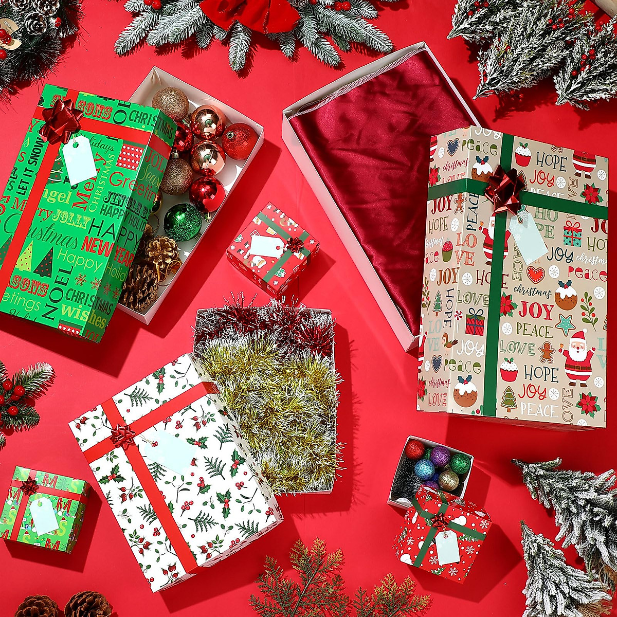 24 Pieces Christmas Gift Boxes with Lids and Red Bows Christmas Gift Wrap Boxes Holiday Present Box 4 Sizes Gift Boxes Shirt Box for Wrapping Xmas Holiday Present