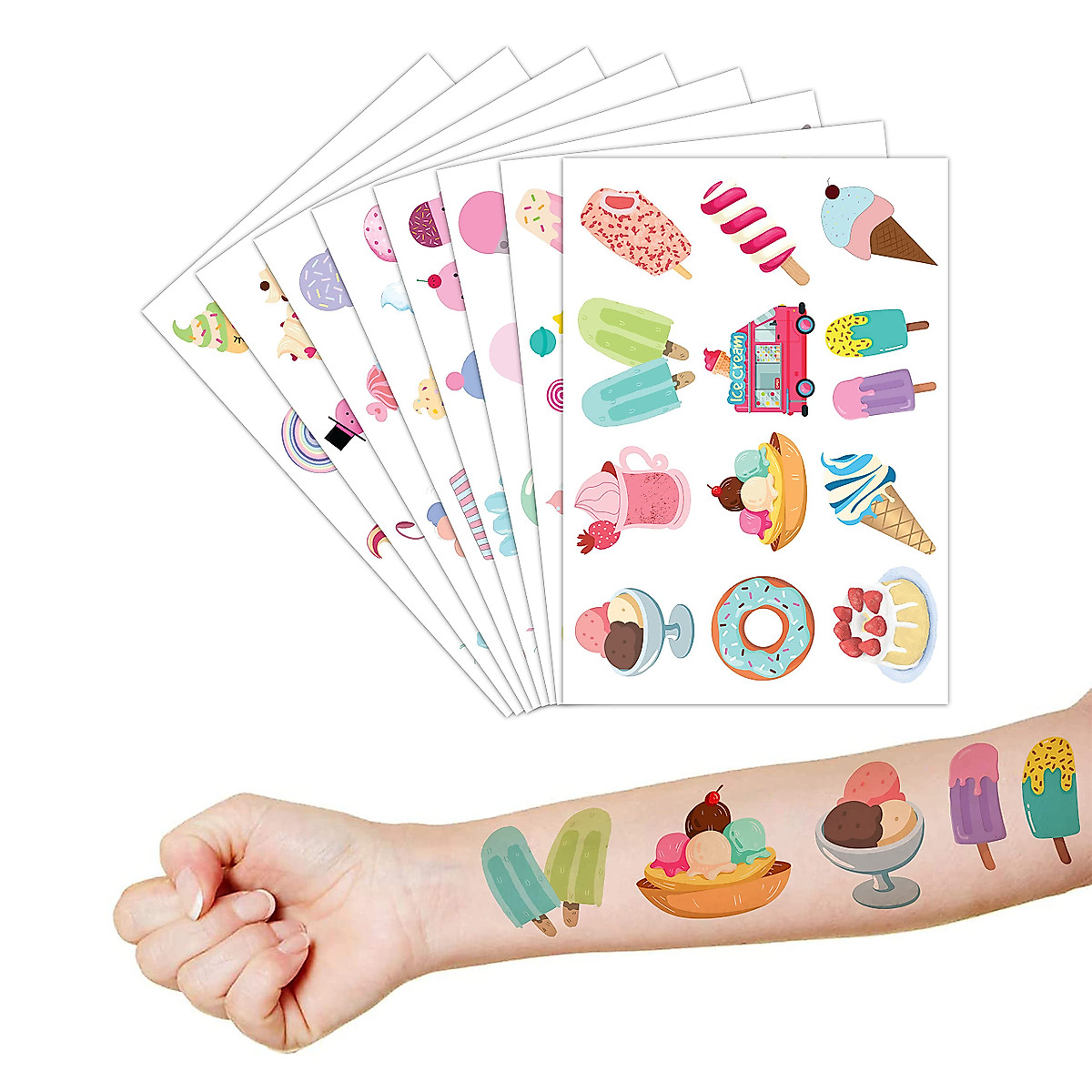 8 Sheets (96PCS) Ice Cream Temporary Tattoos Birthday Party Decorations Favors Tattoos Stickers Cute Party Supplies Kids Girls Boys Gifts Classroom School Prizes Themed
