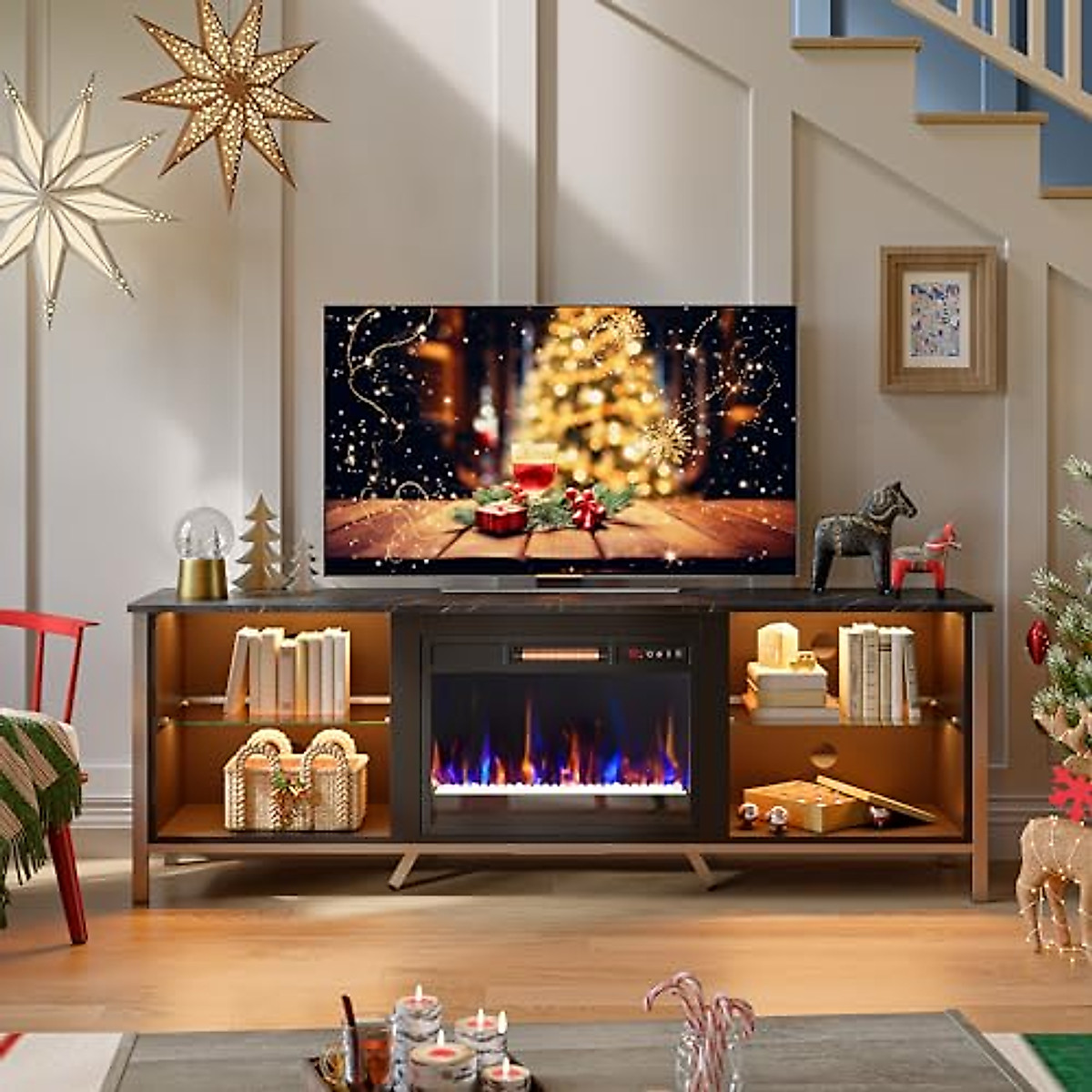 Bestier Fireplace TV Stand for 70/75 inch TV, Gaming LED Entertainment Center with 23 inch Electric Fireplace for PS5, Modern TV Console with Adjustable Glass Shelves for Living Bedroom Black Marble