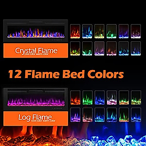 BETELNUT 50" Electric Fireplace Wall Mounted and Recessed with Remote Control, 750/1500W Ultra-Thin Wall Fireplace Heater W/Timer Adjustable Flame Color and Brightness, Log Set & Crystal Options