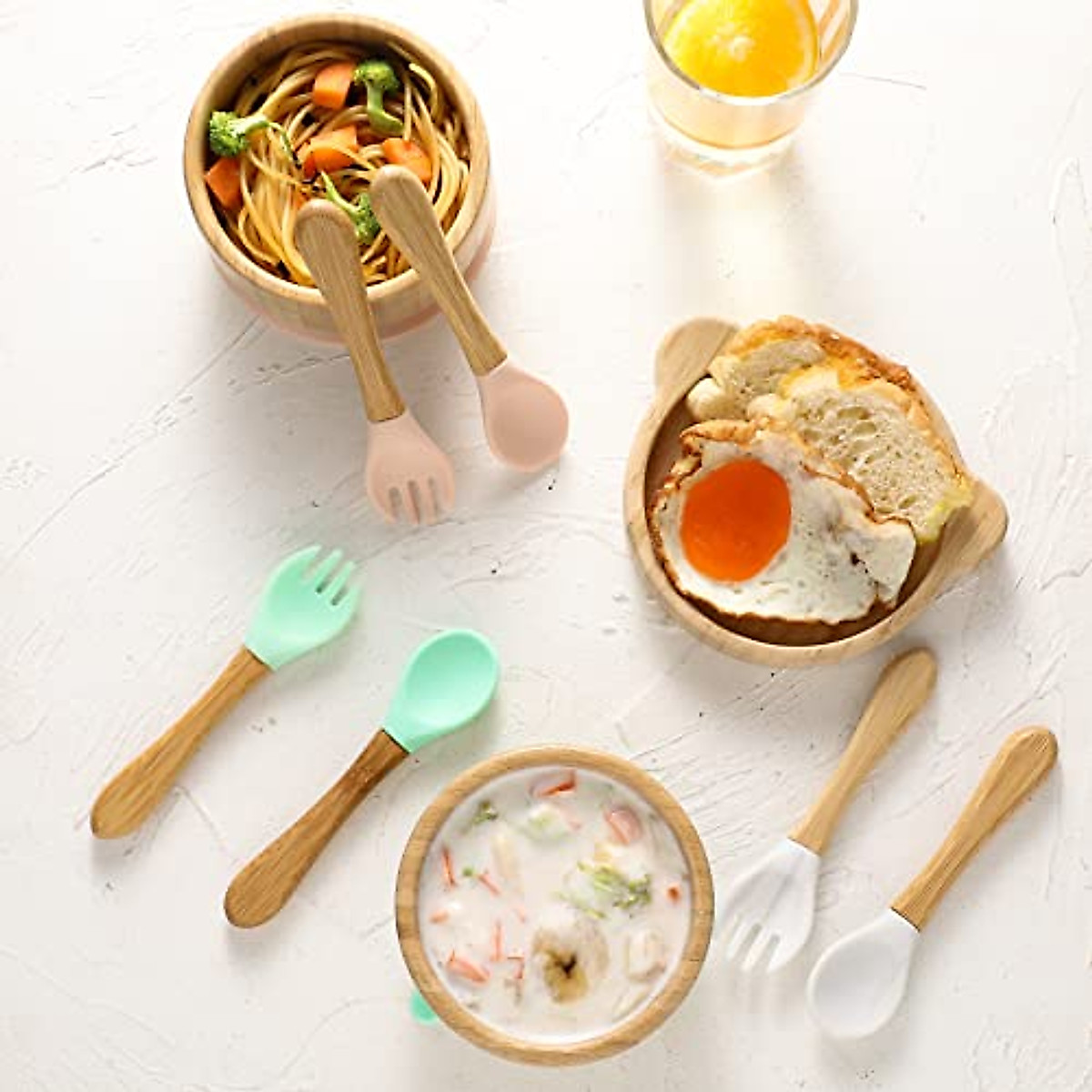Baby Bowls with Lid - HBM Bamboo Suction Bowls for Baby and Spoon Set - 3PC Feeding Supplies Set for Infant, Toddlers - Detachable Silicone Suction Stay Put Base for Wooden Bowl - BPA Free （Marble）