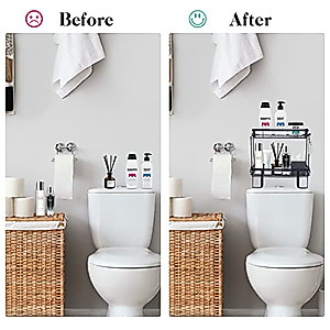 FIDVEKL Over The Toilet Storage, 2-Tier Black Iron Bathroom Organizer Shelf with Hanging Hook Over The Toilet Space Saver Organizer Rack No Drilling Space Saver with Wall Mounting Design