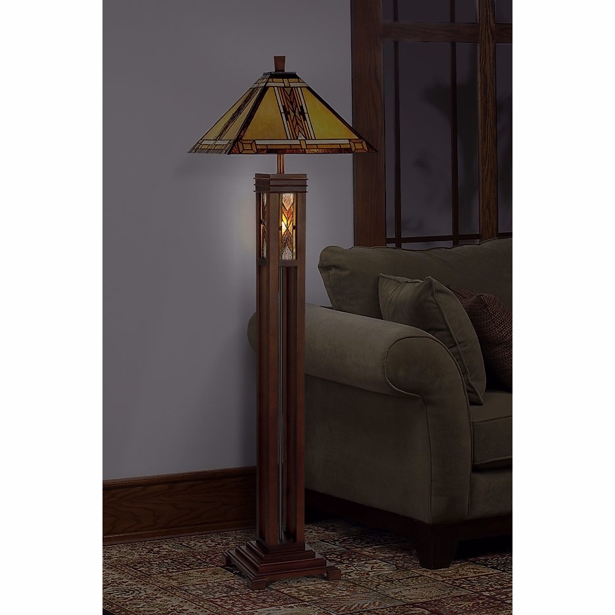 Robert Louis Tiffany Mission Rustic Tiffany Style Floor Lamp with Night Light 62.5" Tall Walnut Wood Column Square Geometric Stained Glass Shade Decor for Living Room Reading House Bedroom