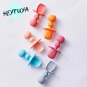 HEYTUYA 4 Pack Silicone Baby Spoons Self Feeding 6+ Months, Infant Toddler Utensils for Baby Led Weaning, First Stage Self Feeding Supplies Chewable Utensils, Grey, Blue, Light Red, Orange