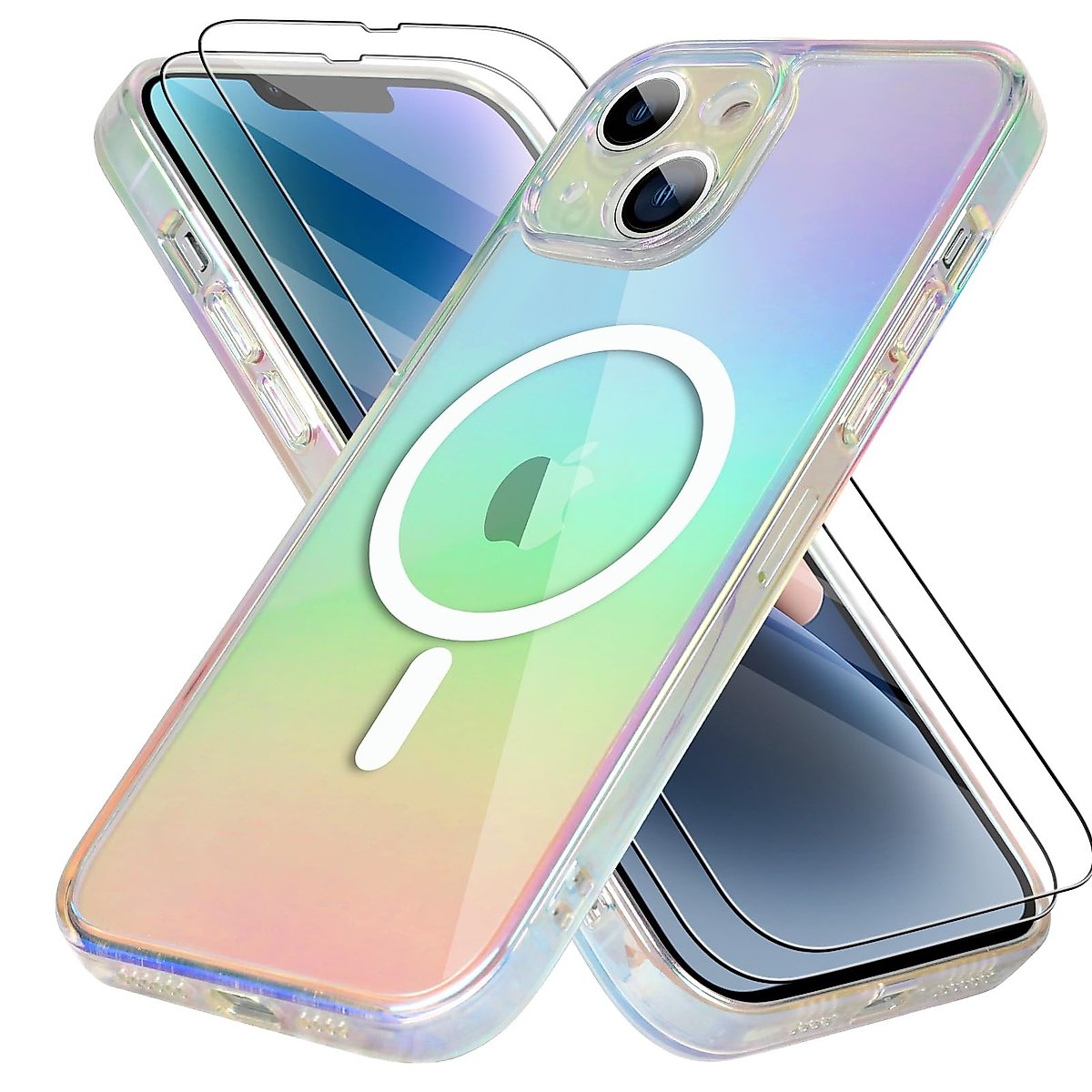 Bonoma for iPhone 14 Case Magnetic 【Support for MagSafe】 Bling Laser Florescent Iridescent Crystal Luxury Case Camera Protector + 2* Screen Protector Shockproof Edge Cover Case -Clear