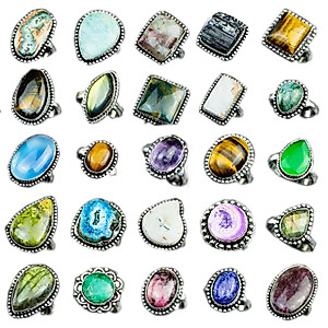 Carats Chunky Silver Rings Pack for Women - 10 Pcs - Stackable Fashion Ring Set, Silver Plated Statement Knuckle Handmade Gemstone Gothic Vintage Rings for Women