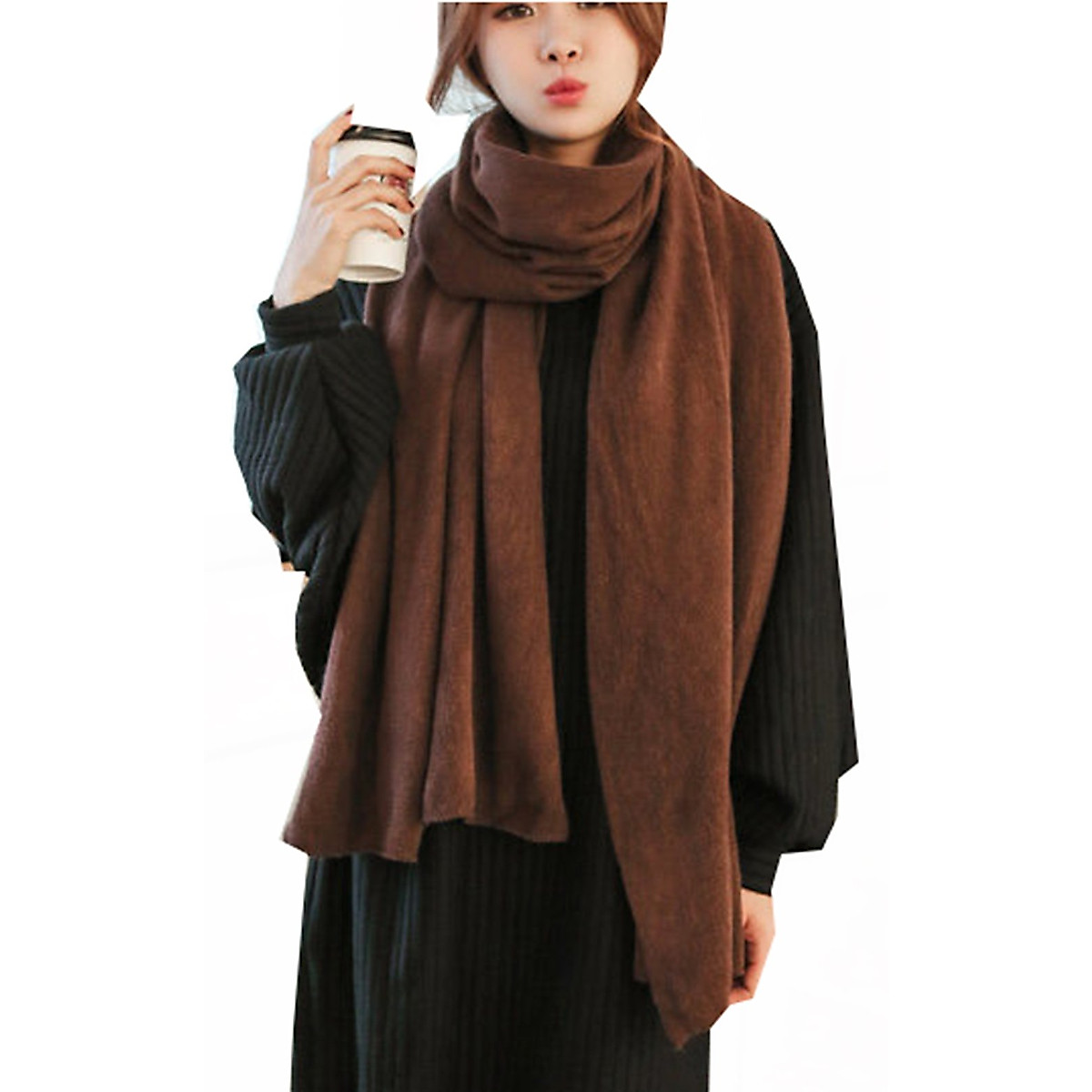 Wander Agio Womens Warm Long Shawl Winter Upset Large Scarf Pure Color Coffee