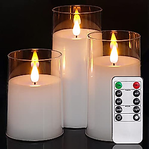 Amagic Acrylic Flameless Candles, Battery Operated Candles, Flickering LED Pillar Candles with Remote Control and Timer, Yellow and Blue Glow, Set of 3