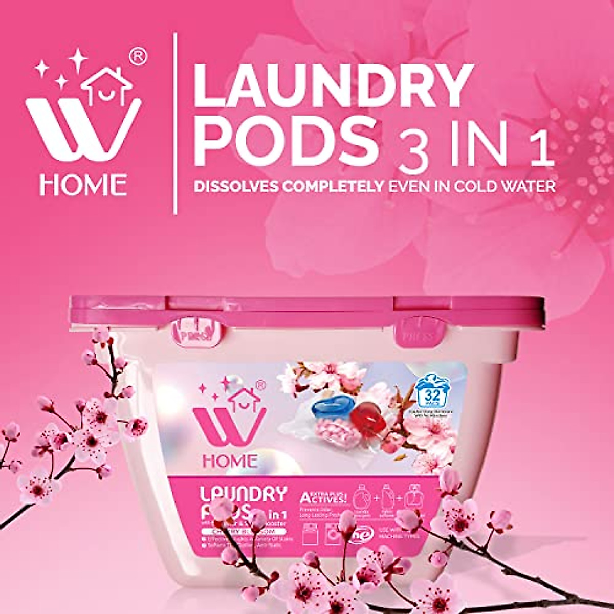 3-in-1 Laundry Pods, 32 Count Box, High Efficiency (HE), Ultra Concentrate with Powerful Stain Lifter Technology, Fabric Softener With Rose Extracts & Cheery Blossom Scent, Detergent Pods