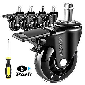 AGPtEK Office Chair Casters Heavy Duty with Screwdriver 2.5" Universal Fit, Safe Roller Wheel Replacement for Hardwood Floors Mat Carpet Tile Universal Fit - Set of 5 All with Brake System