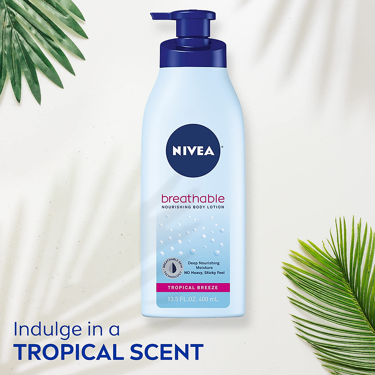 NIVEA Breathable Nourishing Body Lotion in Tropical Breeze, 48-Hour Moisturizing Lotion with Shea Butter, Vitamin E and C, 13.5 Fl Oz Pump Bottle