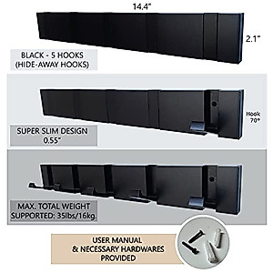 My brand ROVALA Coat Rack Wall Mount - 5 flip Down Hooks Folding Hook; Modern, Sleek Hangers for Coats, Towels, Clothes, etc. Hanging Mounted (Black Hooks)