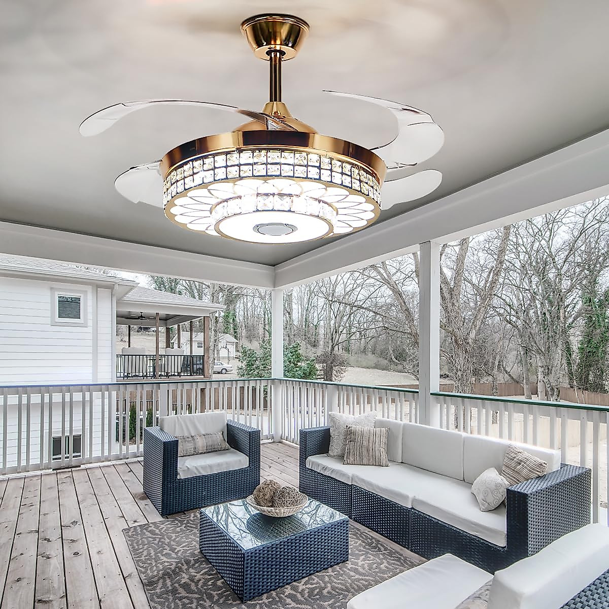 KPIBEST 42 inch Ceiling Fan with Light and Remote Control 3 Lights Levels, Modern Crystal Retractable Chandelier Fans with Bluetooth Music Speaker for Living/Dining Room Bedroom