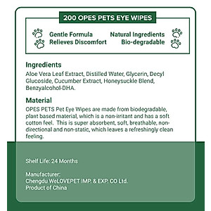 OPES Pets Cats & Dogs Eye & Face Wipes, Gently Removes Discharge, 100% Plant-Based, Biodegradable, 200 Count.